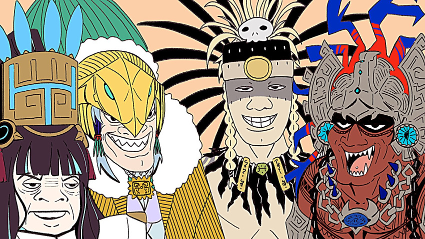 Safebooru - 2boys 2girls aztec black hair blonde hair blue hair ...