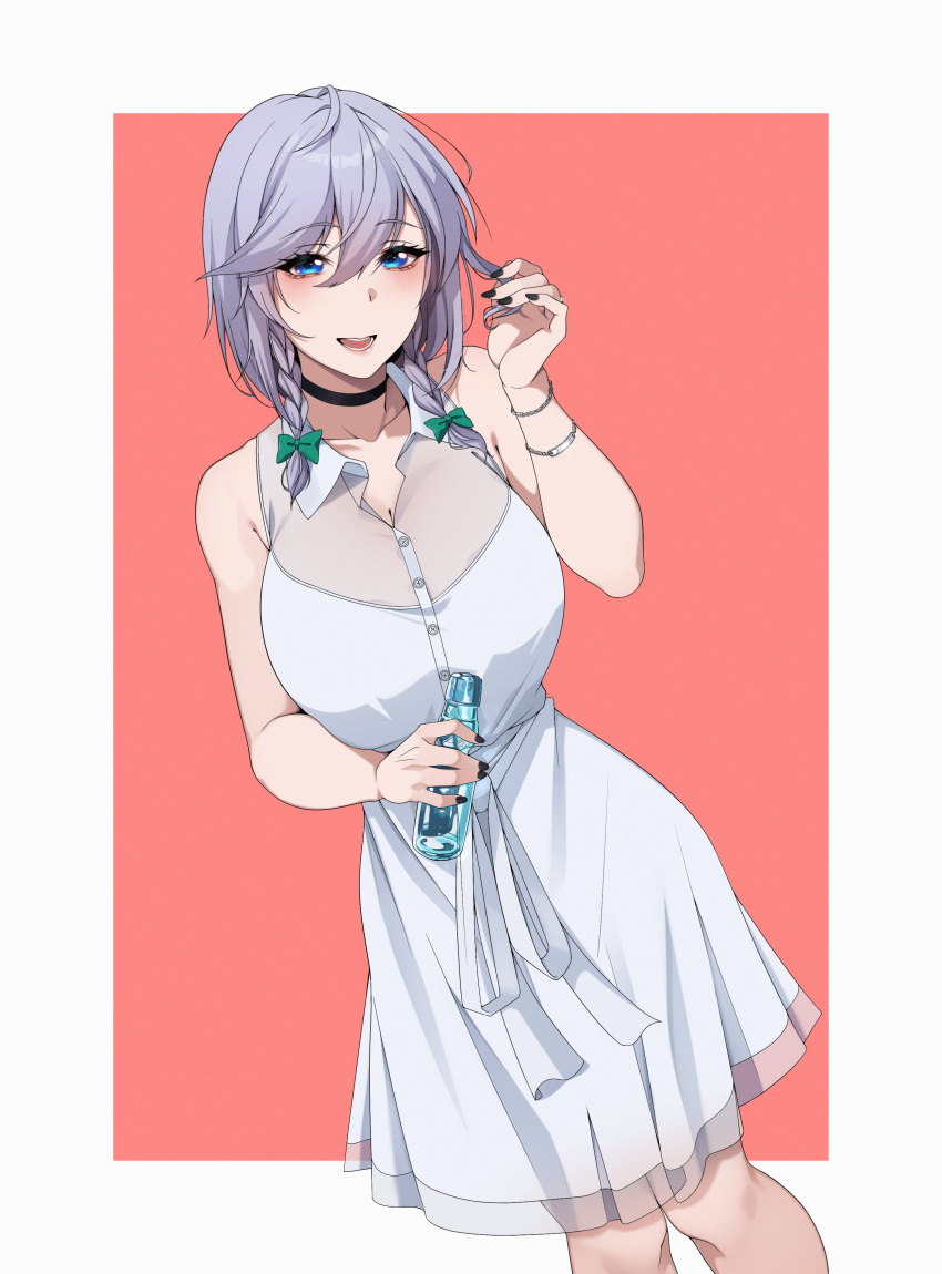 Safebooru - 1girl absurdres black nails blue eyes bow braid choker dress green bow grey hair ...