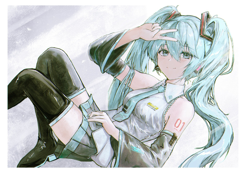 Safebooru - 1girl aqua eyes aqua hair aqua necktie black footwear black skirt boots breasts ...