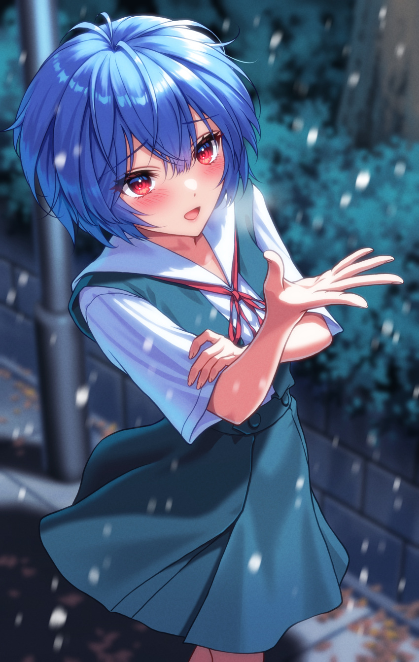Safebooru - 1girl :d absurdres ayanami rei blue hair blue skirt blurry blurry background blush ...