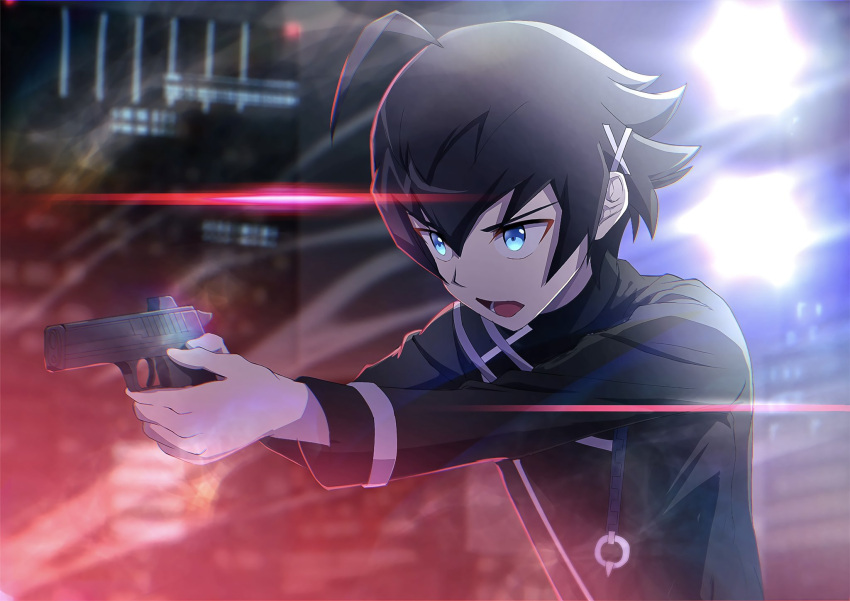 Safebooru - 1boy ahoge aiming apartment atltax 00 black shirt blue eyes building city lights ...