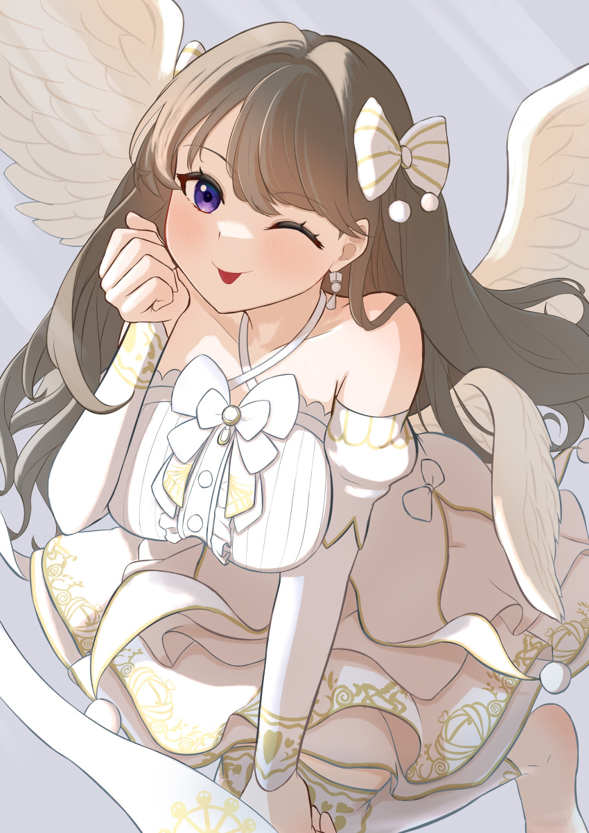 Safebooru - 1girl ;p absurdres bare shoulders blush bow breasts brown hair clenched hand closed ...