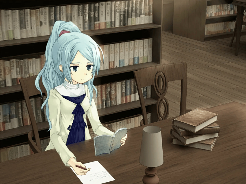 Safebooru - 1girl blue eyes blue hair book bookshelf chair desk dress game cg hide38 jacket lamp ...