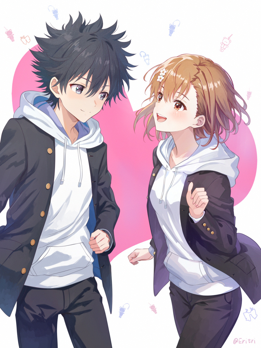 Safebooru - 1boy 1girl :d asymmetrical bangs black eyes black hair black jacket black pants ...
