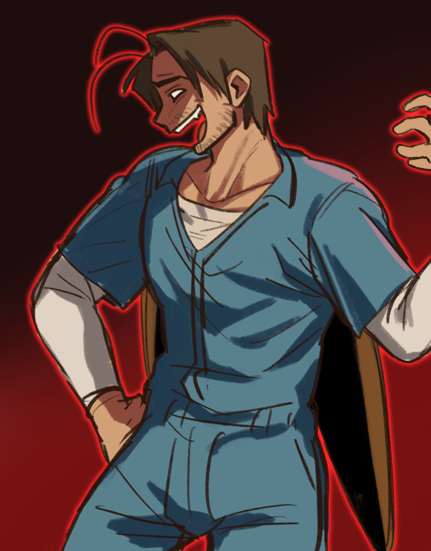 Safebooru - 1boy antennae beard stubble blue jumpsuit brown hair ...