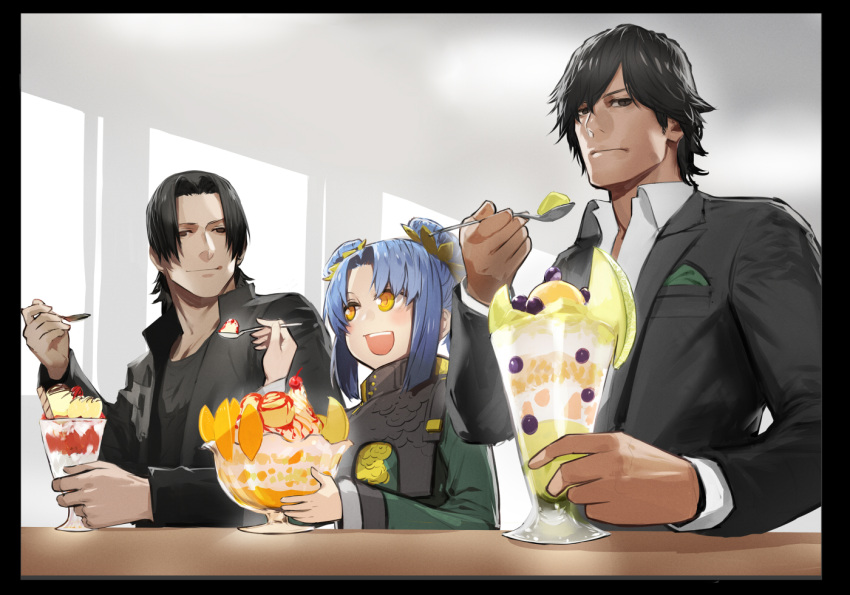 Safebooru - 1girl 2boys black coat black hair blue hair coat commentary ...