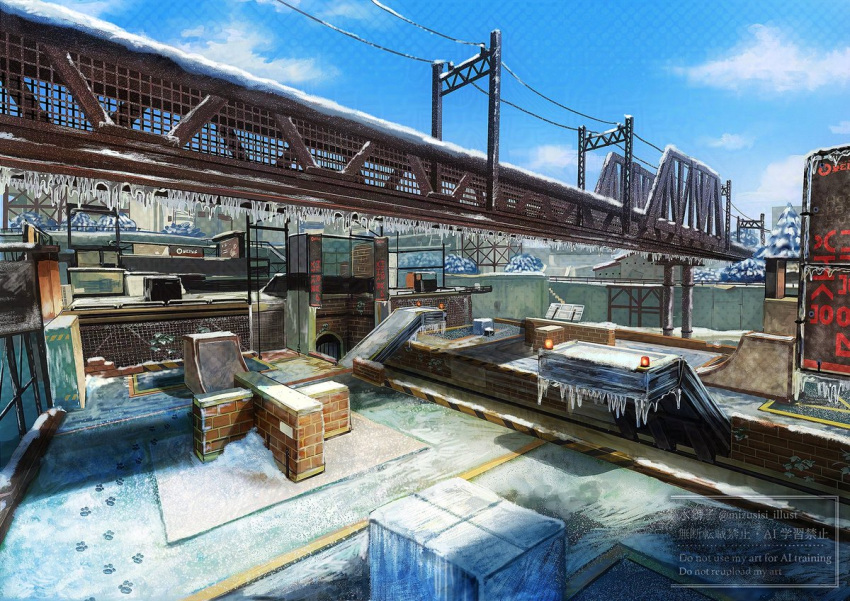 Safebooru - blue sky bridge building clouds day footprints icicle ...