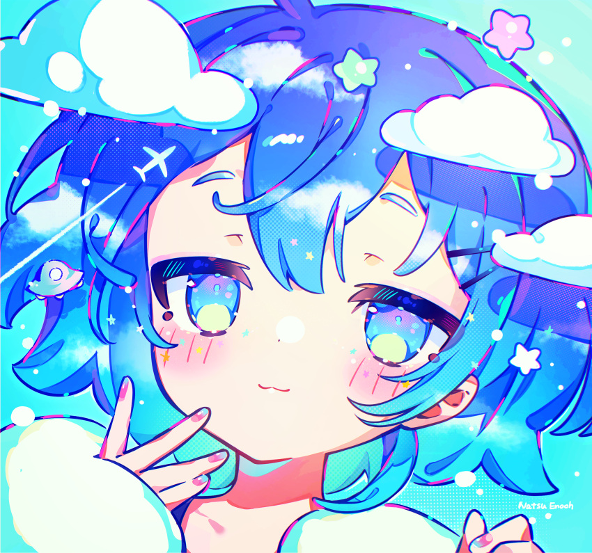Safebooru - 1girl :3 absurdres artist name blue background blue eyes blue hair blue theme blush ...
