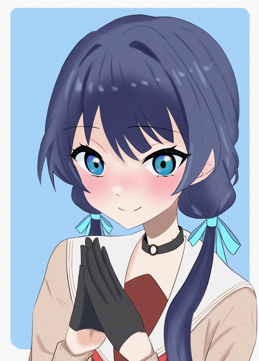 Safebooru - 1girl absurdres black choker black gloves blue background ...