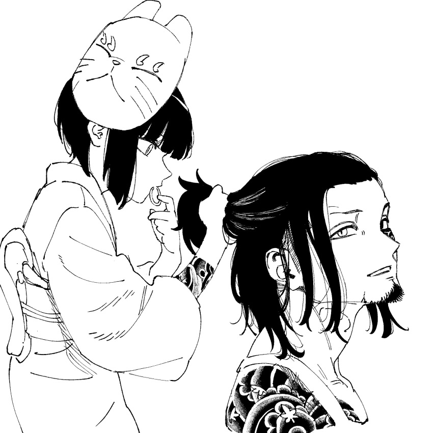 Safebooru - 1boy 1girl arm tattoo facial hair fox mask goatee greyscale ...
