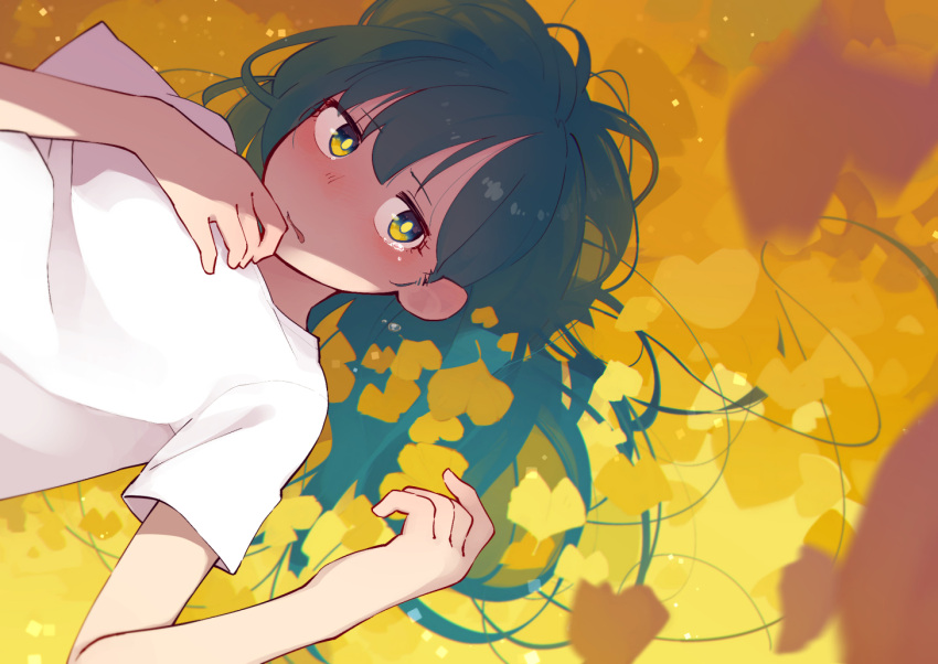 Safebooru - 1girl autumn leaves black hair kinjo no kanzaki leaf long hair lying on back ...