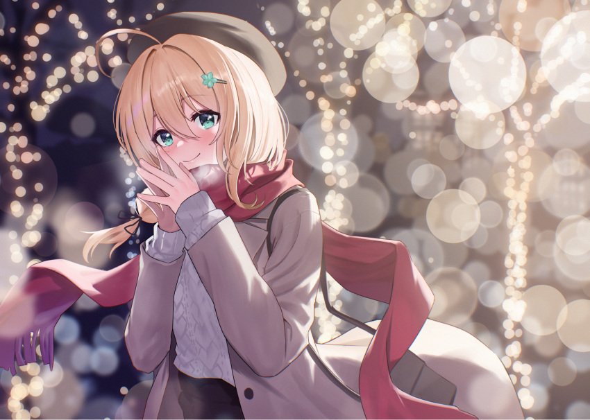 Safebooru - 1girl ahoge aqua eyes ayul (ayulneri 92) beret black hat blonde hair brown coat ...