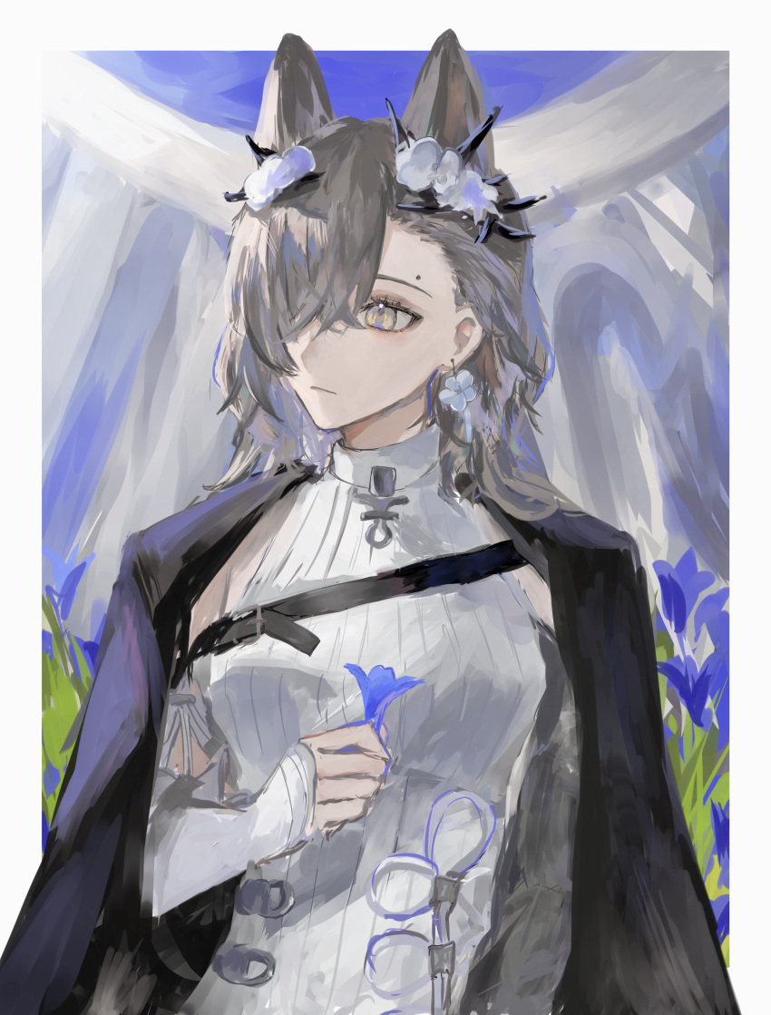 Safebooru - 1girl absurdres animal ears arknights breasts closed mouth extra ears hair over eyes ...