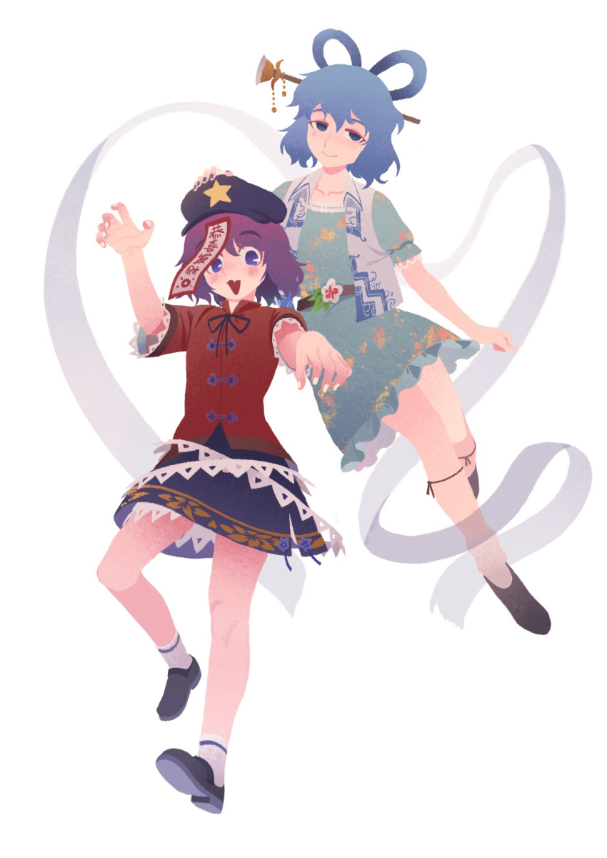 Safebooru - 2girls belt black footwear black ribbon black skirt blue dress blue eyes blue hair ...
