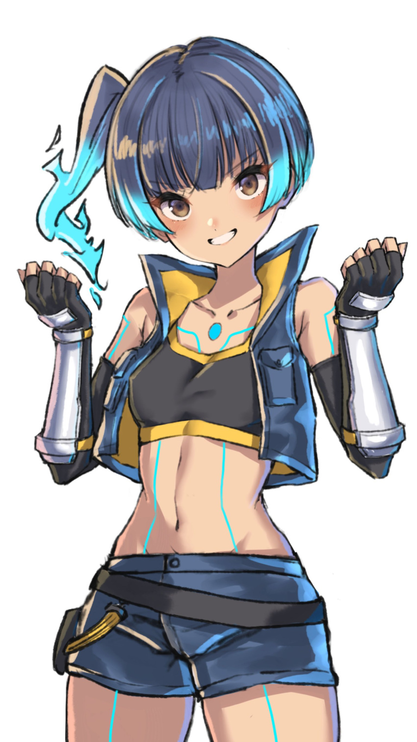 Safebooru - 1girl absurdres arm guards black gloves blue hair breasts brown eyes chest jewel ...
