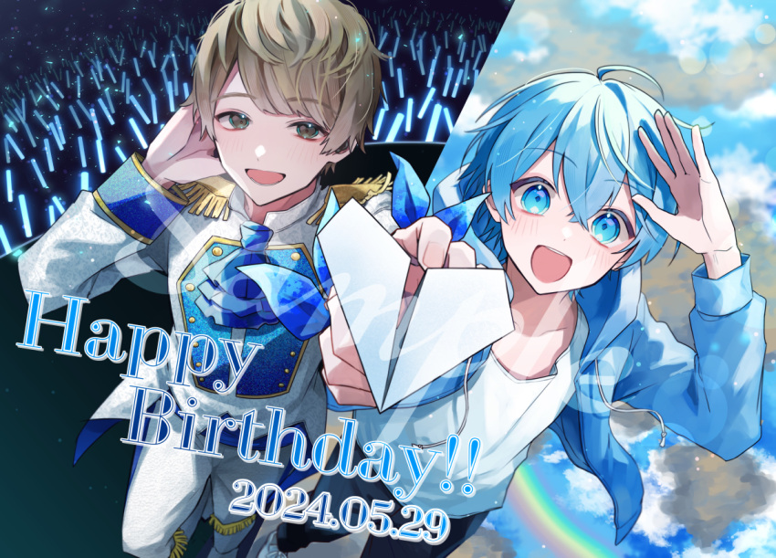 Safebooru - 163yunatsu 2boys ahoge blue eyes blue hair blue hoodie blue ...