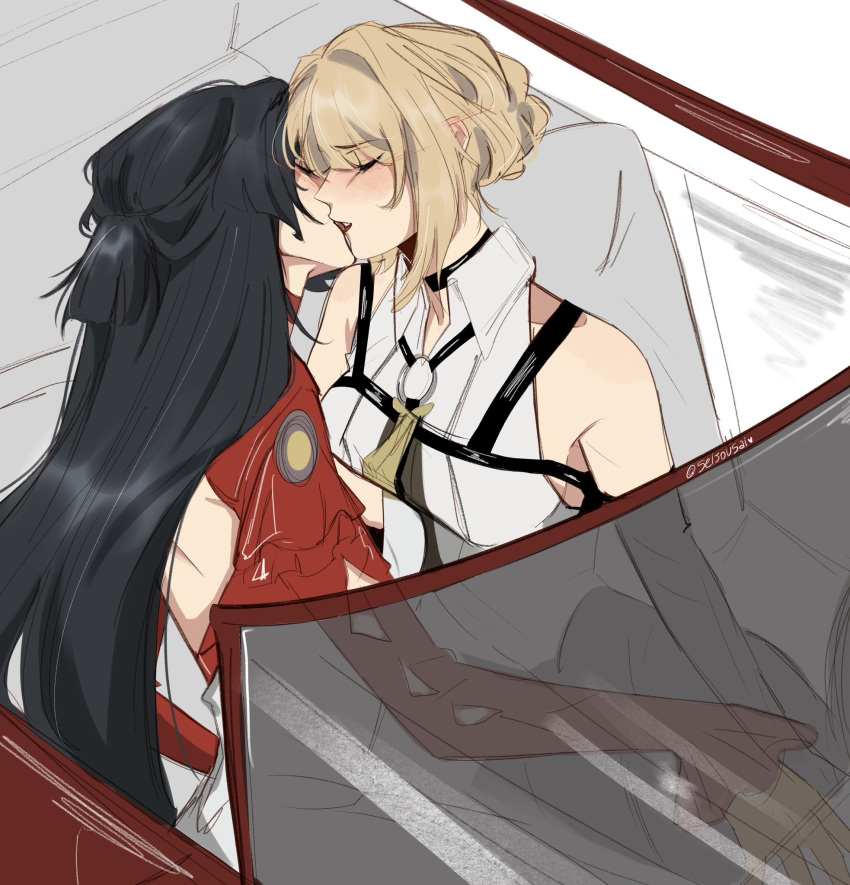 Safebooru - 2girls artist name astra yao black hair blonde hair blush car chest harness closed ...