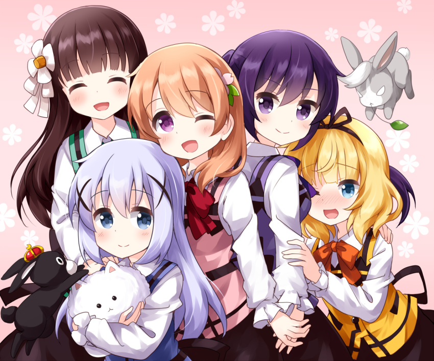 Safebooru - 5girls :d ;d animal anko (gochiusa) black hairband black skirt blonde hair blue eyes ...