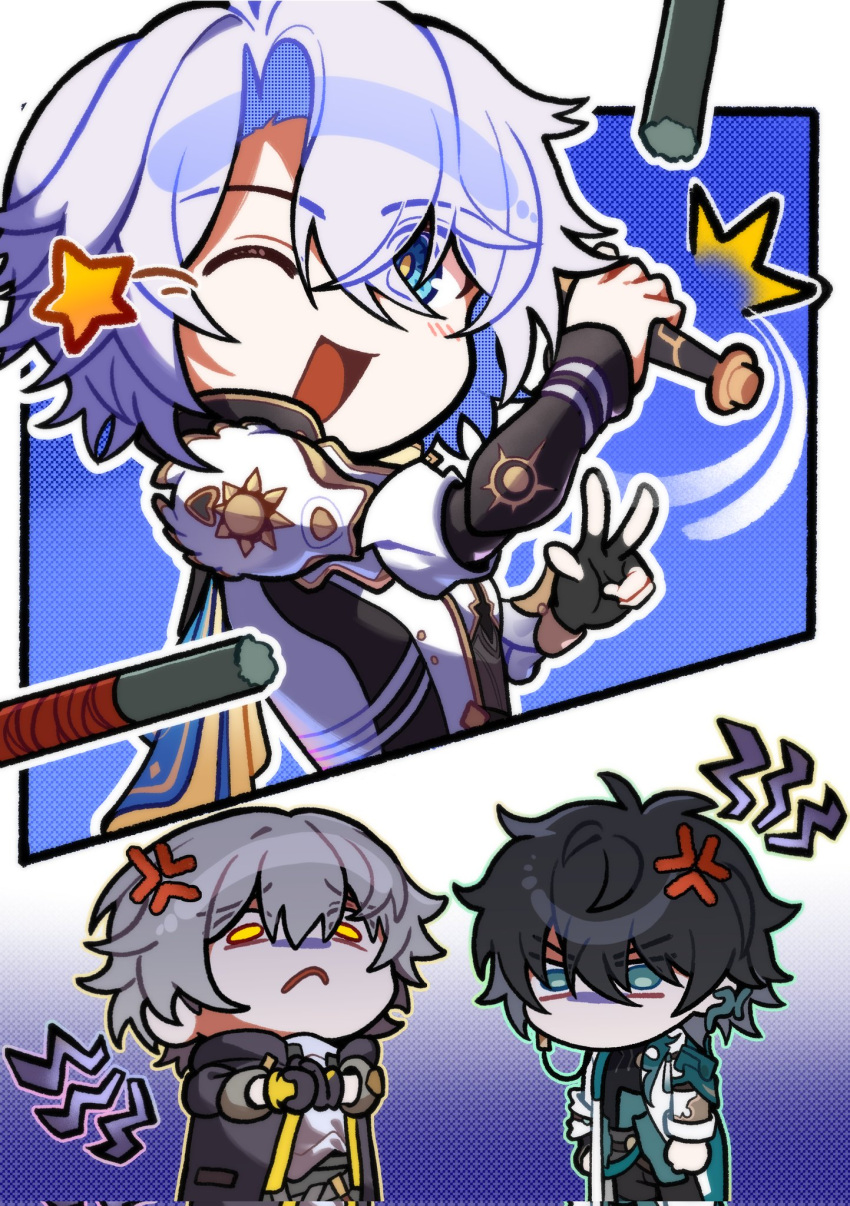 Safebooru - 3boys anger vein angry armor baseball bat black hair black shirt blue eyes blue hair ...