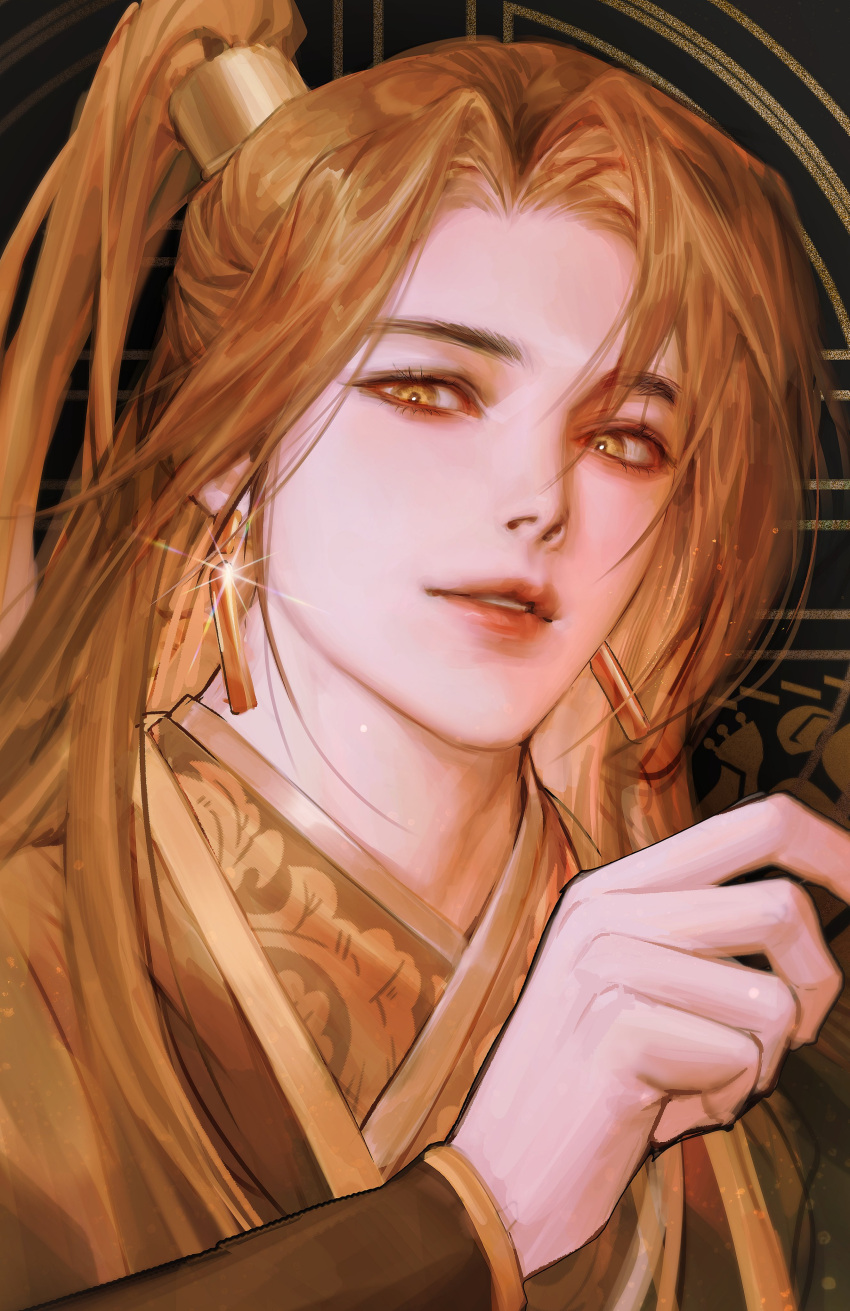 Safebooru - 1boy absurdres black background black hanfu brown hair chinese clothes earrings ...