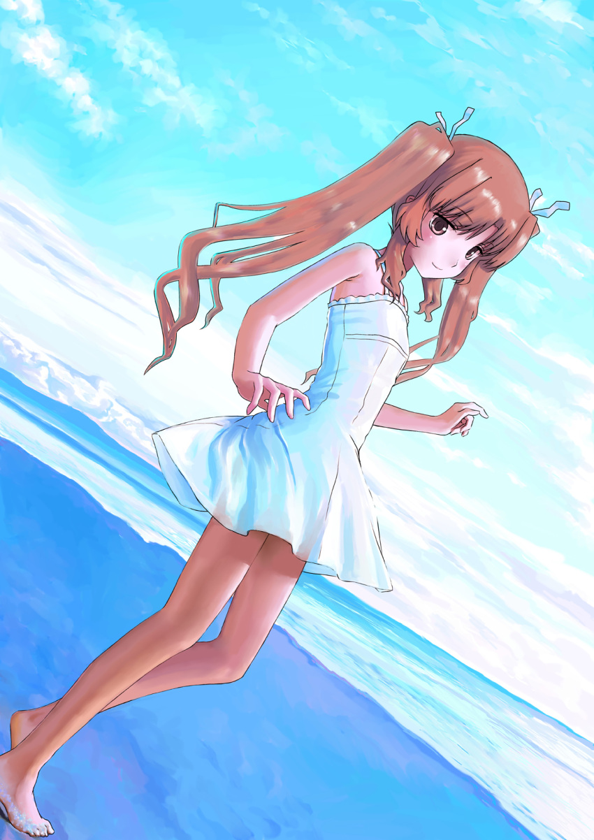 Safebooru - ano natsu de matteru bare legs bare shoulders barefoot beach blue sky brown eyes ...