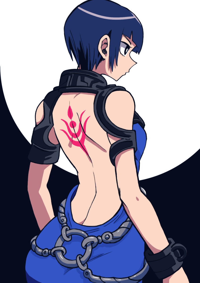 Safebooru - 1girl back tattoo backless dress backless outfit batchgooya black hair blue dress ...