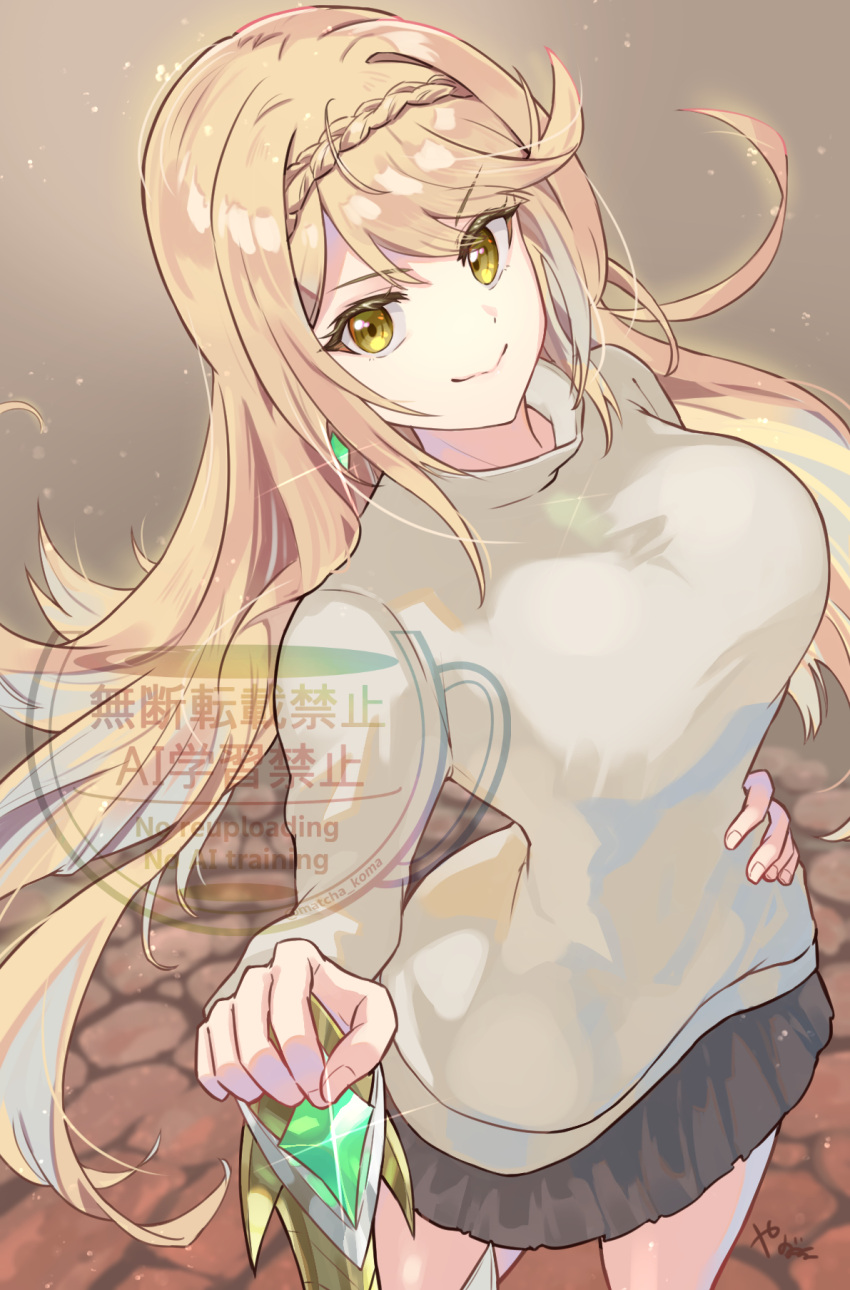 Safebooru - 1girl black skirt blonde hair breasts cowboy shot from above hand on own hip highres ...