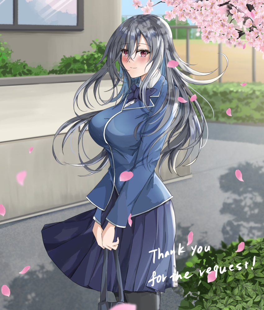 Safebooru - 1girl blue jacket blush bow bowtie cherry blossoms duel monster grey hair highres ...