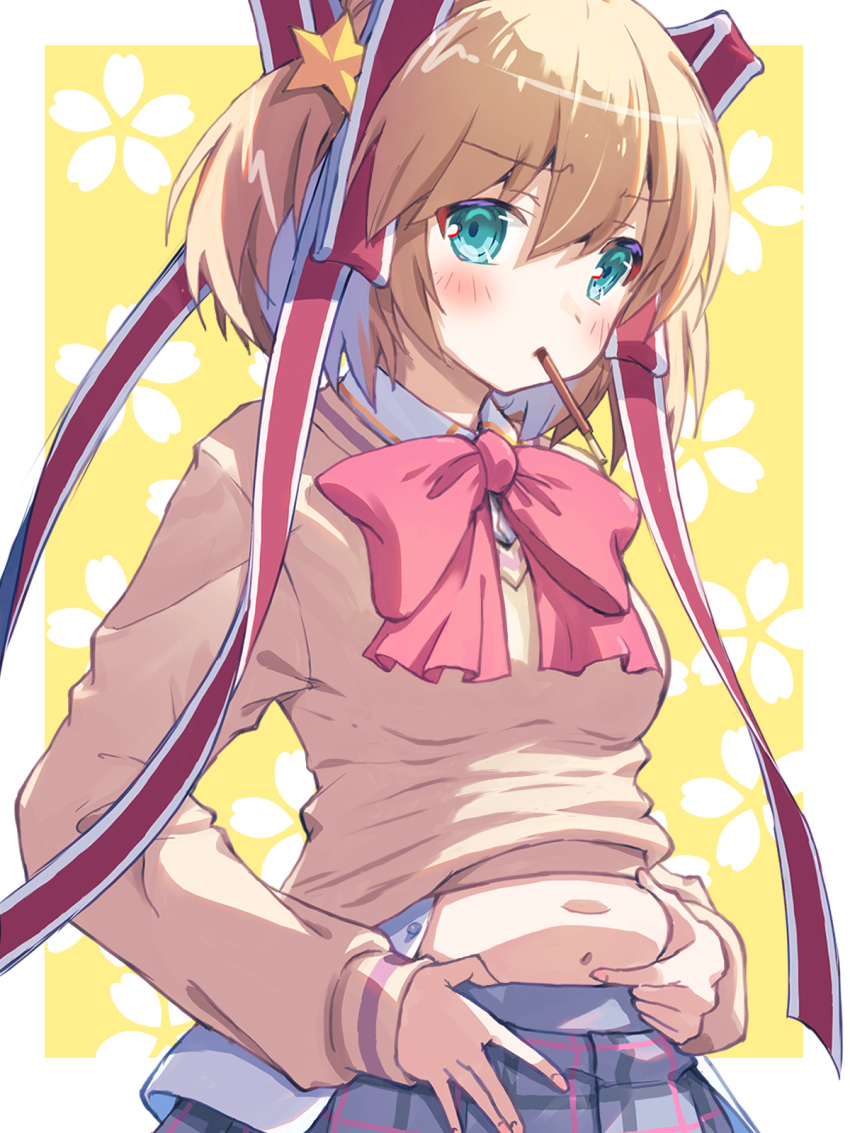 Safebooru - 1girl \||/ akayama yukihe aqua eyes belly blonde hair blush border bow collared ...
