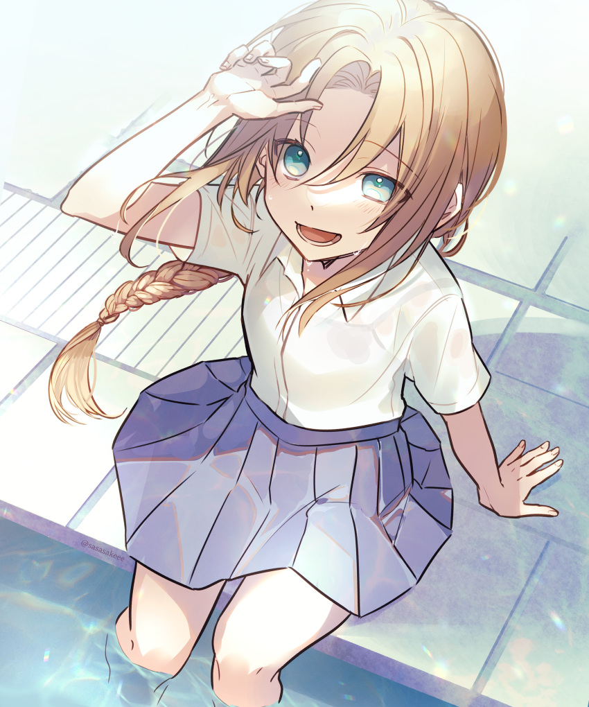 Safebooru - 1girl :d absurdres blonde hair blue eyes blue skirt braid commentary request highres ...