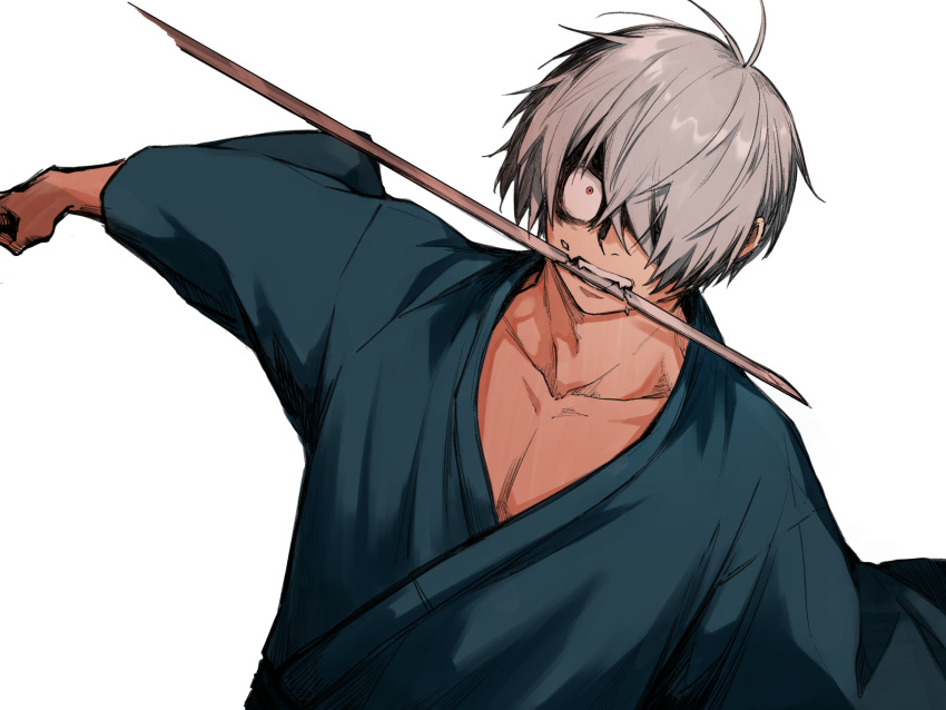Safebooru - 1boy blue kimono collarbone gegege no kitarou grey hair hair over one eye highres ...