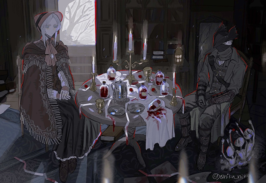 Safebooru - 0niku niku 1girl 1other ambiguous red liquid ascot black boots black hat bloodborne ...