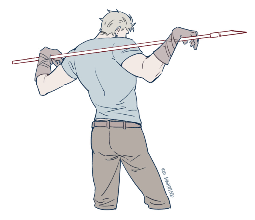 Safebooru - 1boy arms up batphone1939 belt blonde hair blue shirt brown ...
