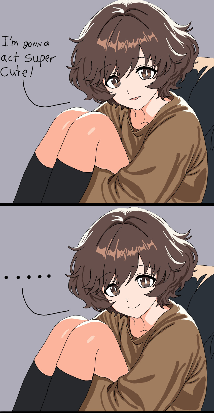 Safebooru - 1girl absurdres akiyama yukari black socks brown eyes brown hair brown shirt closed ...