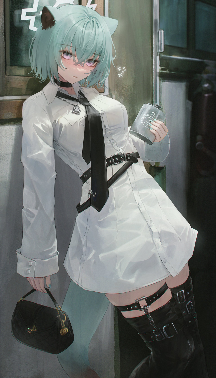 Safebooru - 1girl absurdres alternate costume animal ears aqua hair bag belt black bag black ...