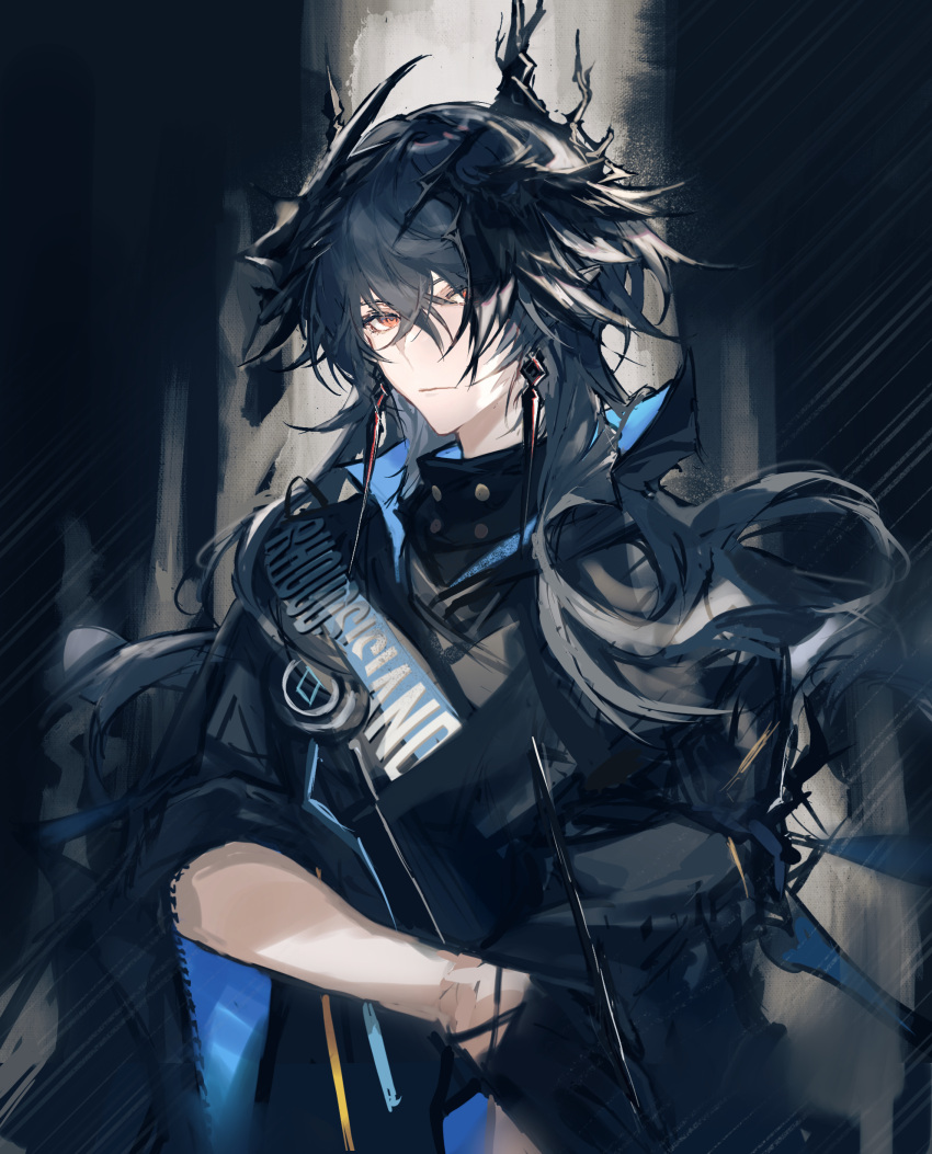 Safebooru - 1boy absurdres androgynous arknights bishounen black coat black gloves blurry blurry ...