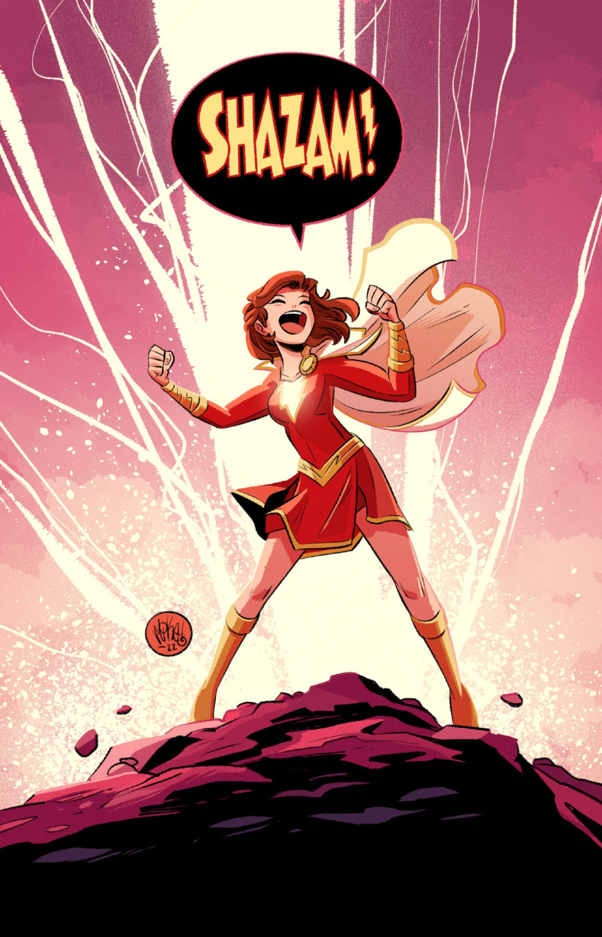 Safebooru - 1girl boots brown hair cape clenched hands closed eyes dc comics dress highres mary ...