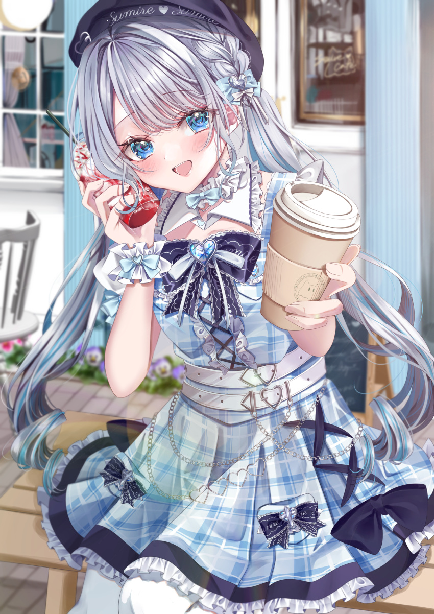 Safebooru - 1girl absurdres belt beret black bow black hat blue bow blue dress blue eyes blue ...