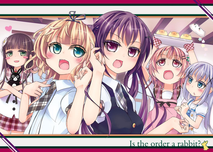 Safebooru - 5girls :3 :d alternate hair color animal hat animal hug anko (gochiusa) apron aqua ...