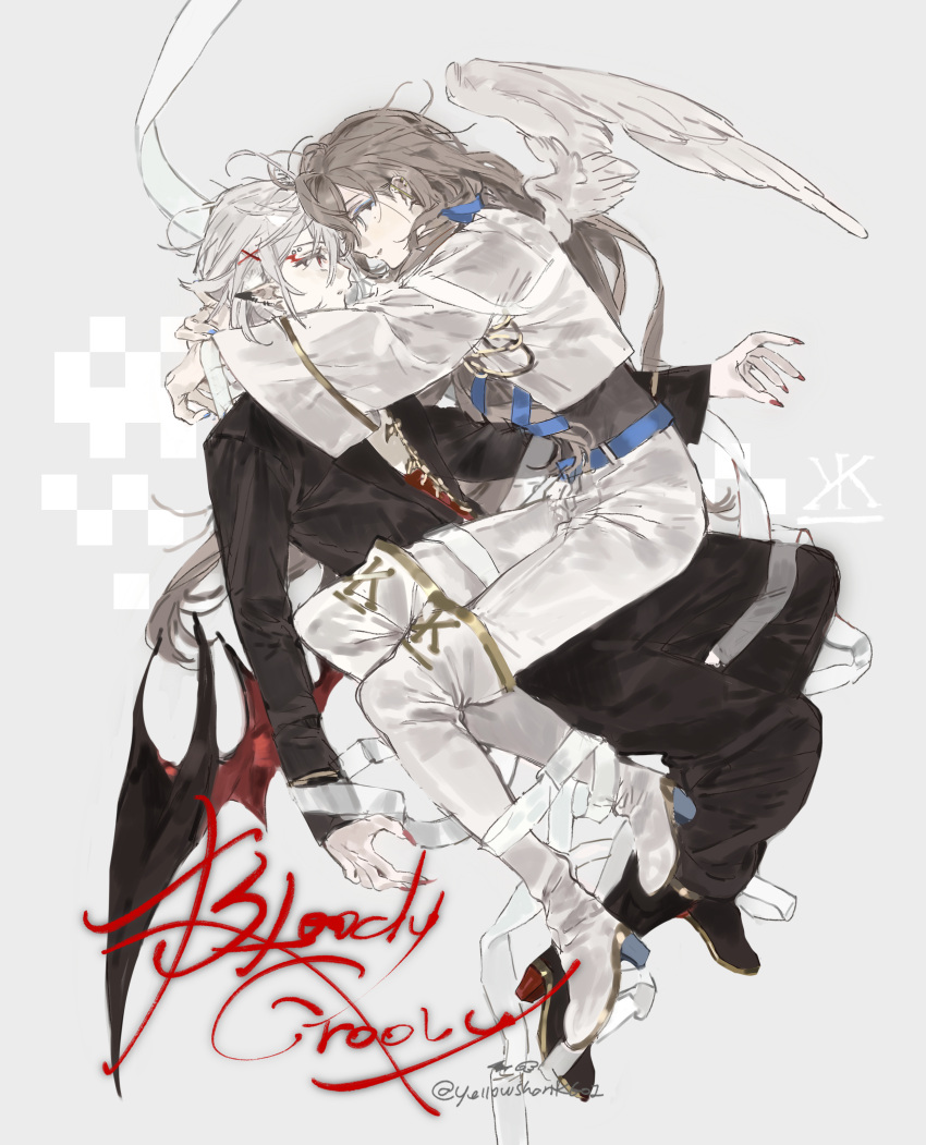 Safebooru - 2boys absurdres boots demon demon wings highres hug knee ...
