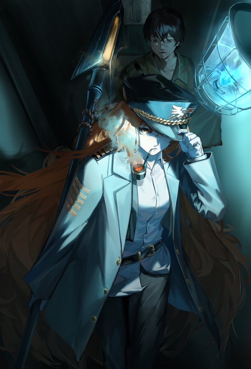 Safebooru - 1boy 1girl absurdres belt black pants black shirt coat dress shirt hat hat tip ...