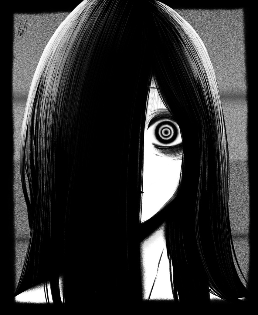 Safebooru - 1girl absurdres bags under eyes black eyes black hair concentric circles greyscale ...