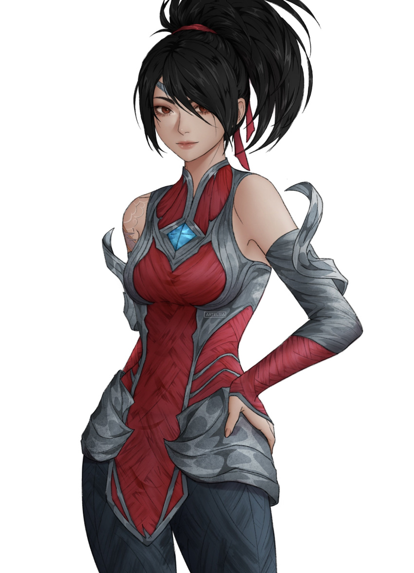 Safebooru - 1girl absurdres akali armor artelsia black hair breasts circlet closed mouth cosplay ...