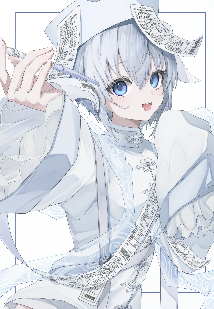 Safebooru - 1girl absurdres arms up blue eyes character request chinese clothes fang hair ...