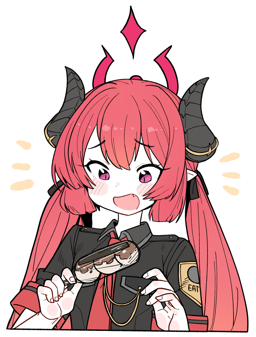 Safebooru - 1girl absurdres black shirt blue archive blush demon girl demon horns fang food food ...
