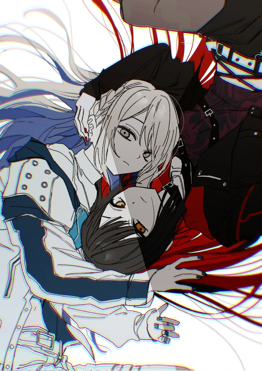 Safebooru - 2girls azusawa kohane belt black jacket blonde hair blue hair blue nails braid brown ...