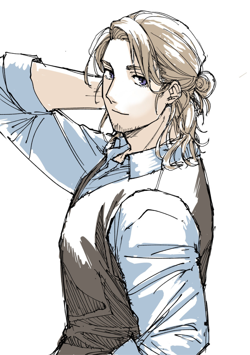 Safebooru - 1boy absurdres arm up axis powers hetalia blonde hair brown vest closed mouth ...