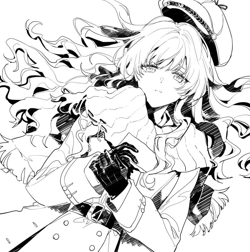Safebooru 1girl Absurdres Belt Cabbie Hat Coat Gloves Greyscale Hair 0238