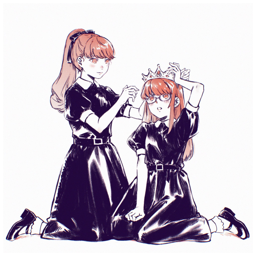 Safebooru - 2girls bobby socks crown dress full body glasses highres ...