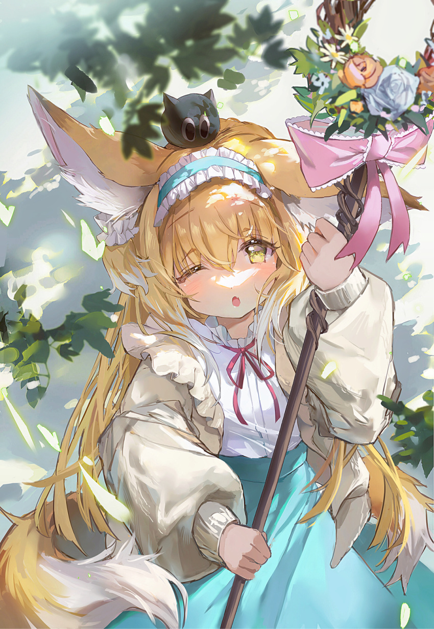 Safebooru - 1girl ;o animal ears aqua hairband aqua skirt arknights blonde hair bow cardigan ...